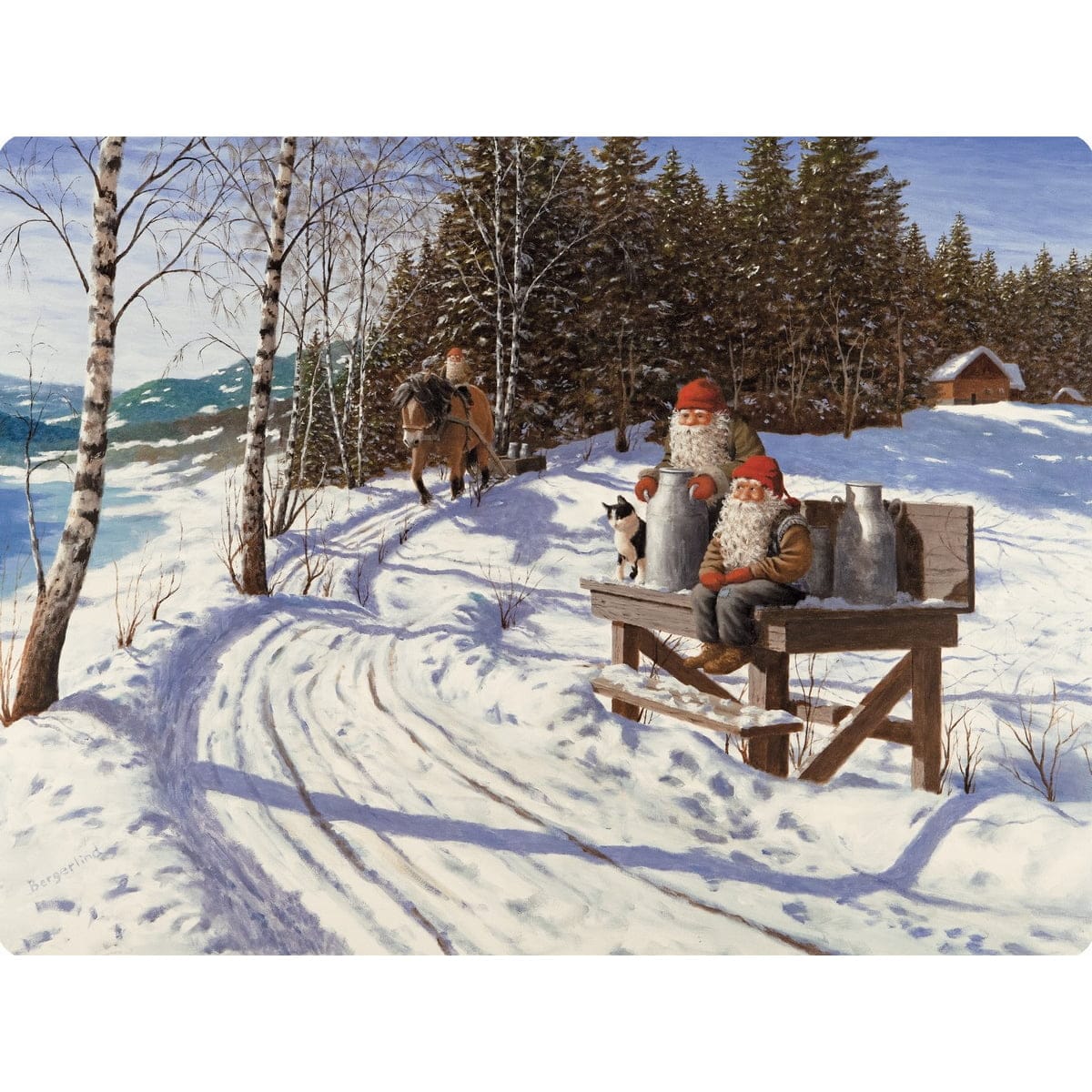 Jan Bergerlind Bordstablett julmotiv Tomtar på mjölkpall - KaffeochTe.se